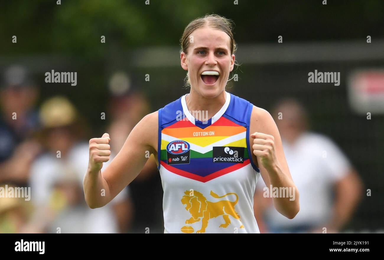 Greta Bodey of the Lions celebrates during the Round 2 AFLW match ...