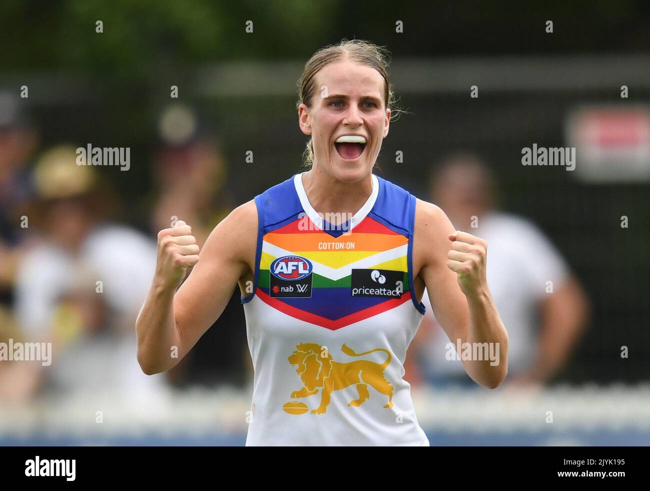 Greta Bodey of the Lions celebrates during the Round 2 AFLW match ...