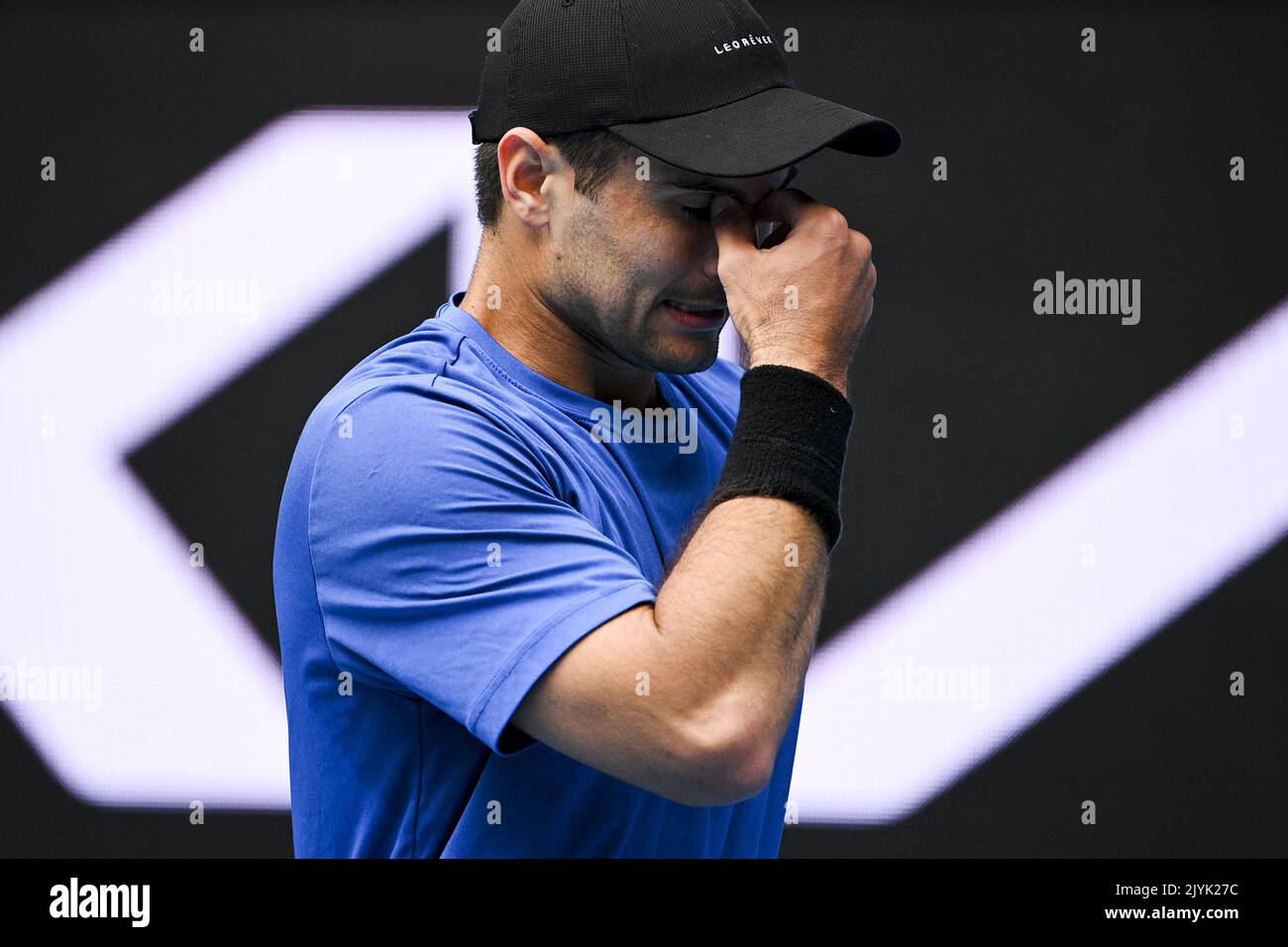 Marcos Giron of the United States of America reacts during his first ...