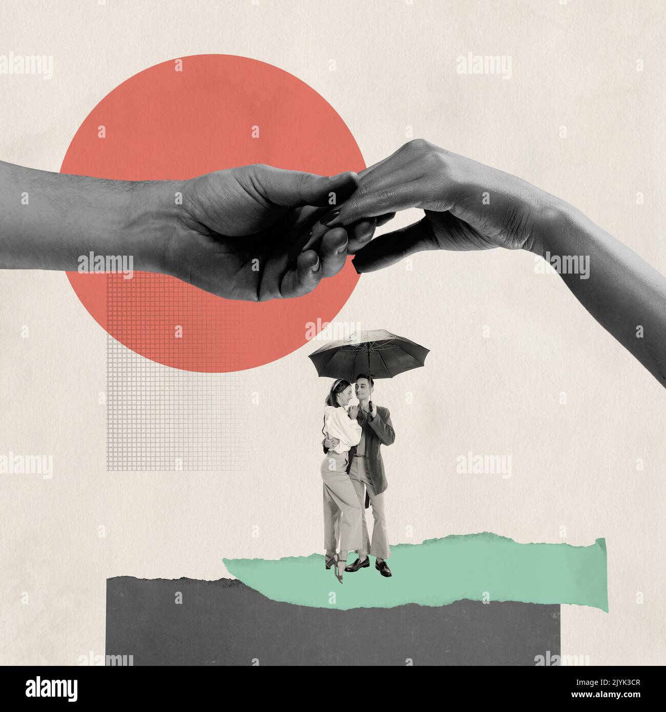 Contemporary art collage. Cute young people, man and woman, loving ...