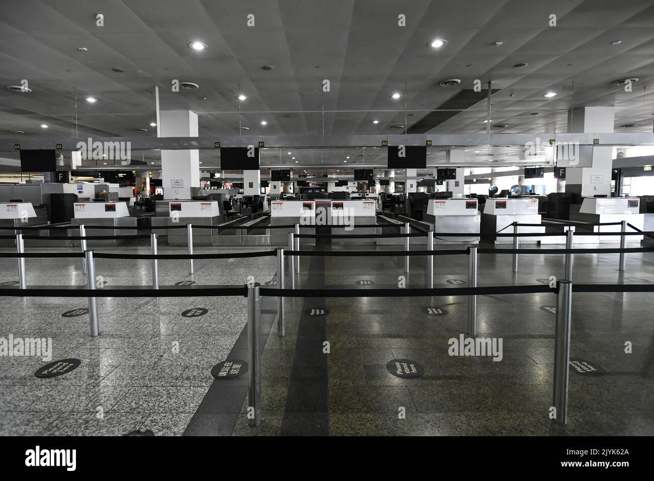 Empty international check-in terminals are seen at Melbourne Airport in Melbourne, Saturday ...