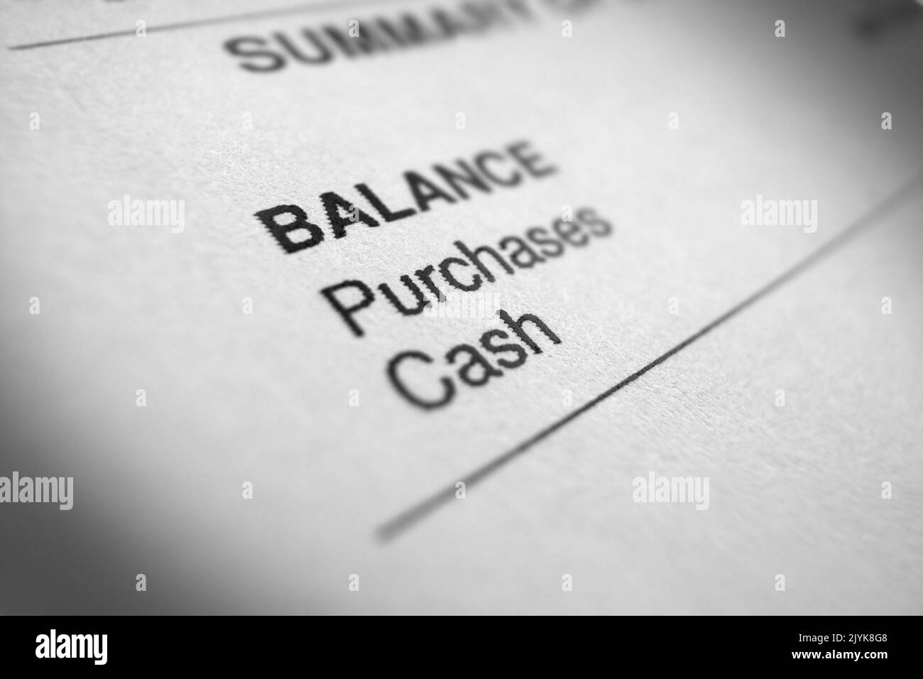 Close-up of a bank statement text showing balance purchases and cash ...