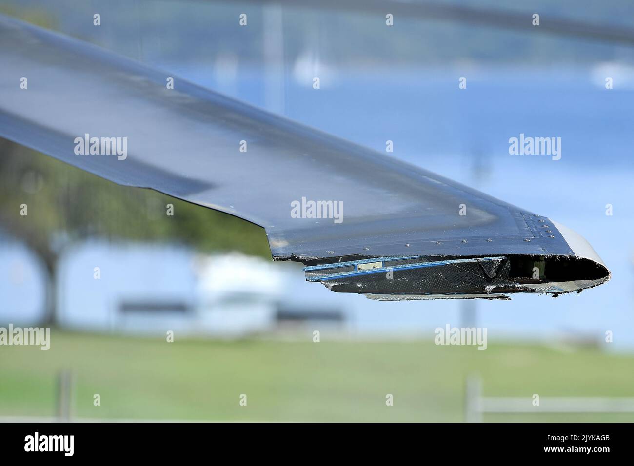 A damaged rotor blade is seen on an Australian Army Black Hawk ...