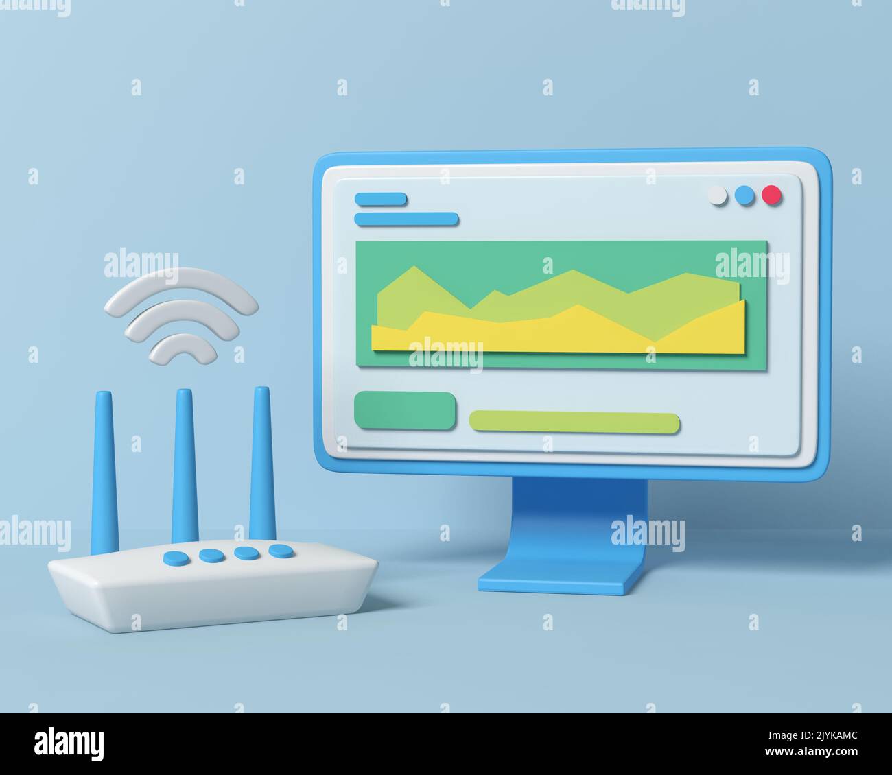 Computer with a router and Wi-Fi symbol. Monitor with information and a ...