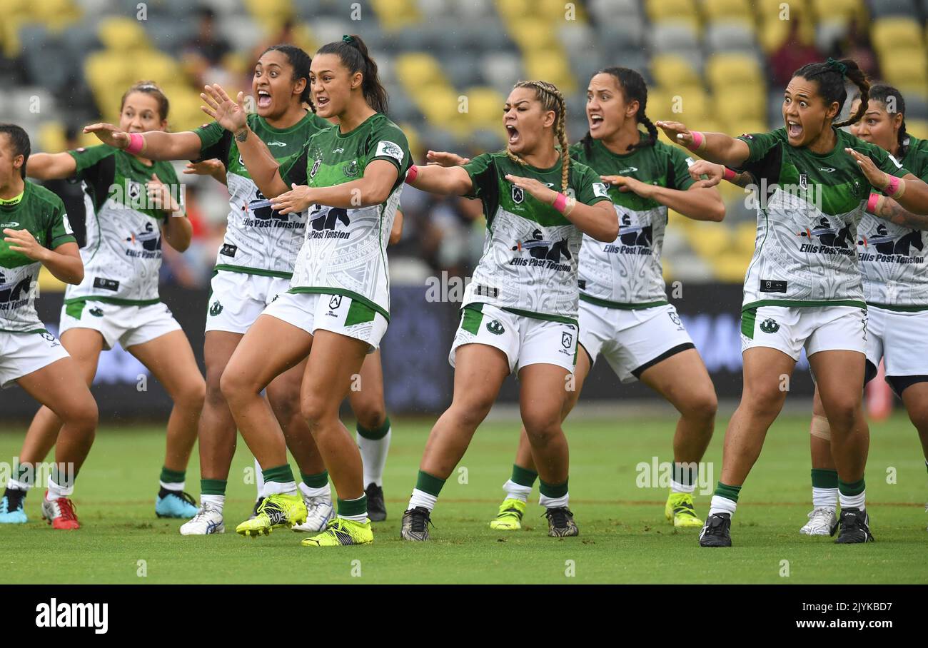 The Maori Women are seen performing the haka during the NRL match ...