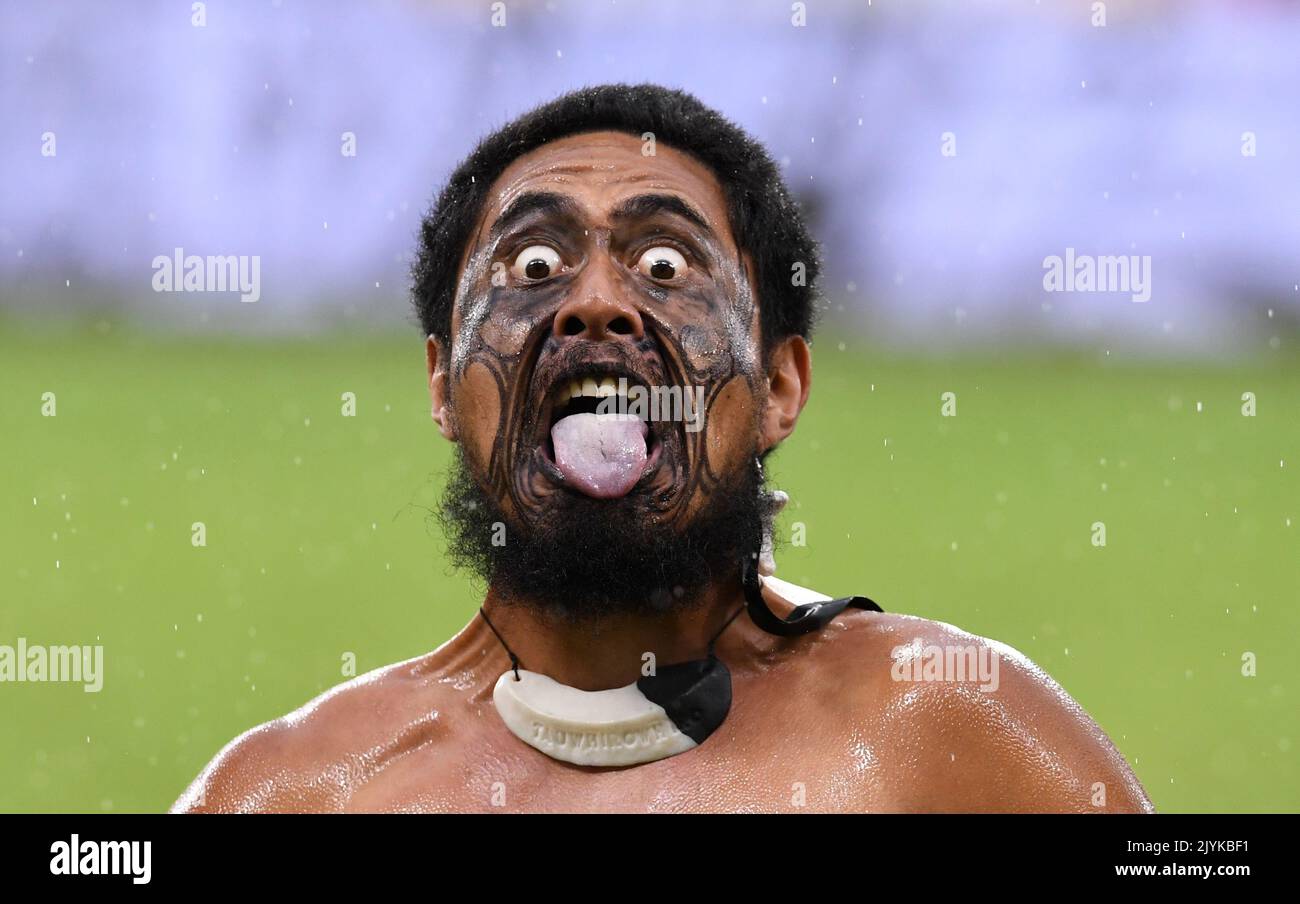 A Maori performer is seen performing a haka during the NRL match ...