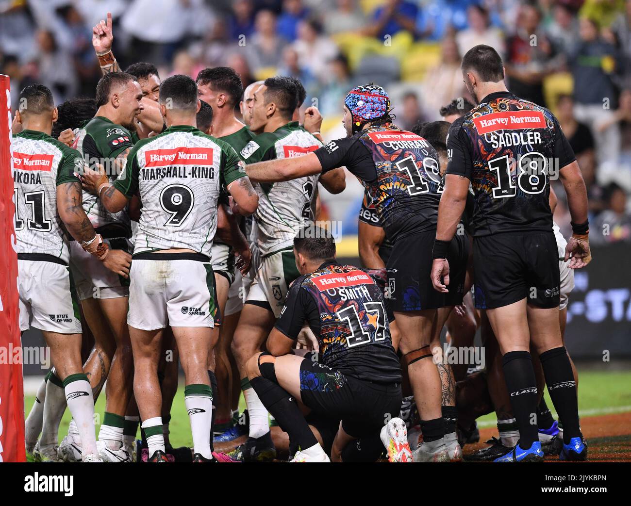 Jordan Riki of the Maori All Stars celebrates scoring a try with team ...