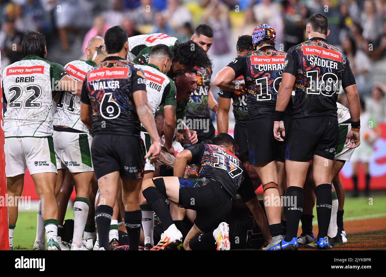 Jordan Riki of the Maori All Stars celebrates scoring a try with team ...