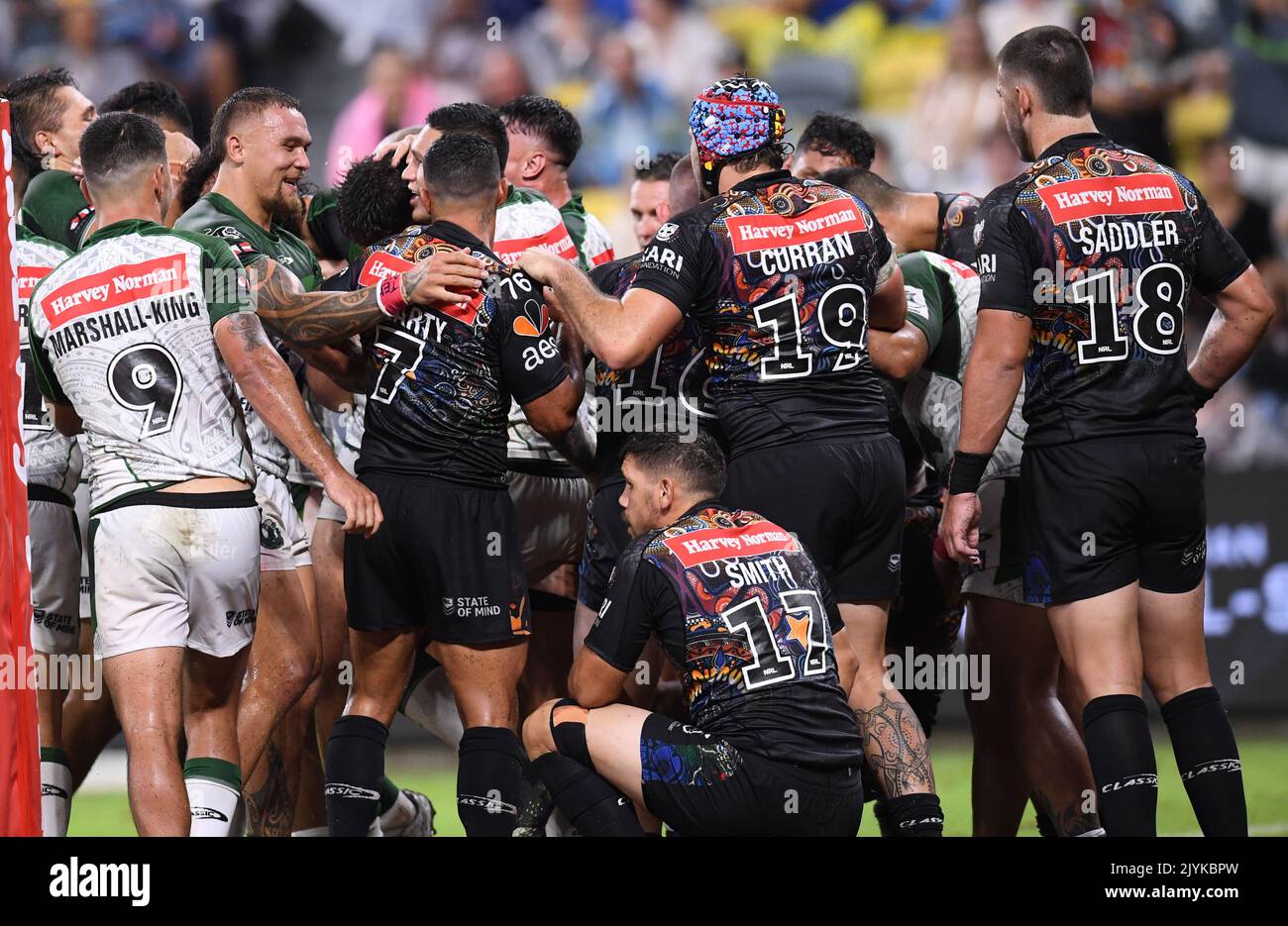 Jordan Riki of the Maori All Stars celebrates scoring a try with team ...