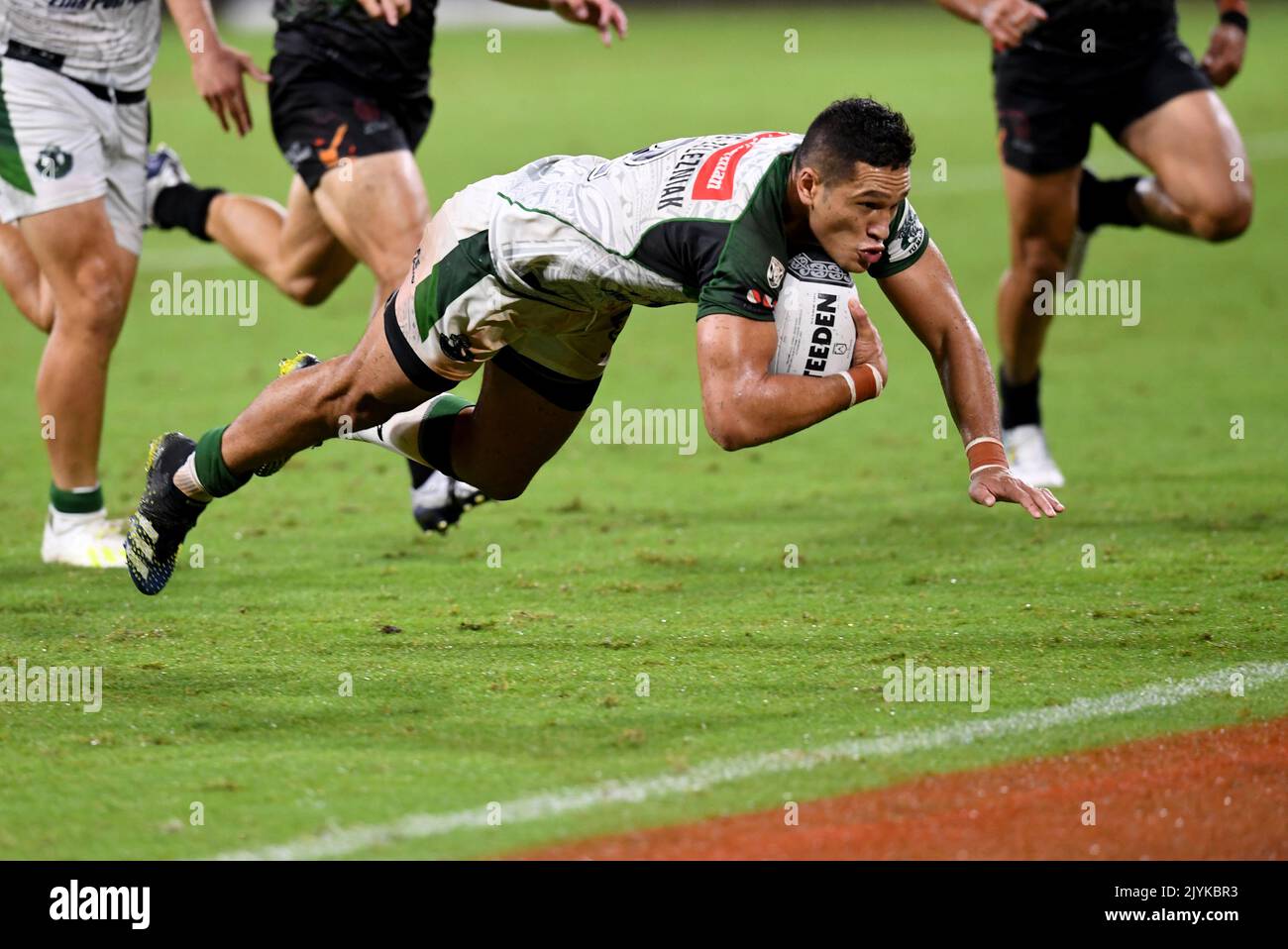 Dallin Watene-Zelezniak of the Maori All Stars scores a try during the ...