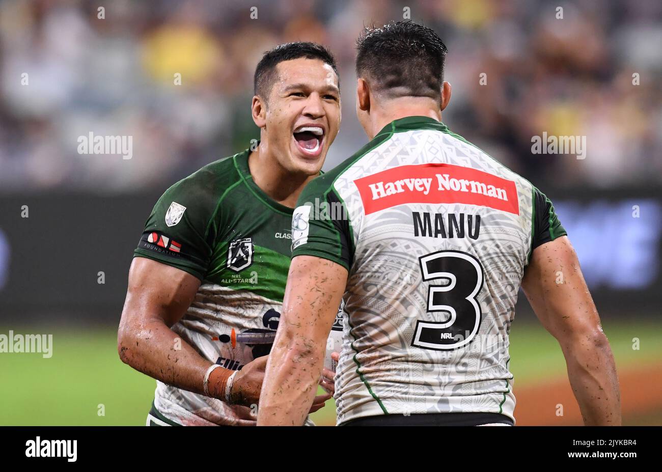 Dallin Watene-Zelezniak (left) of the Maori All Stars celebrates ...