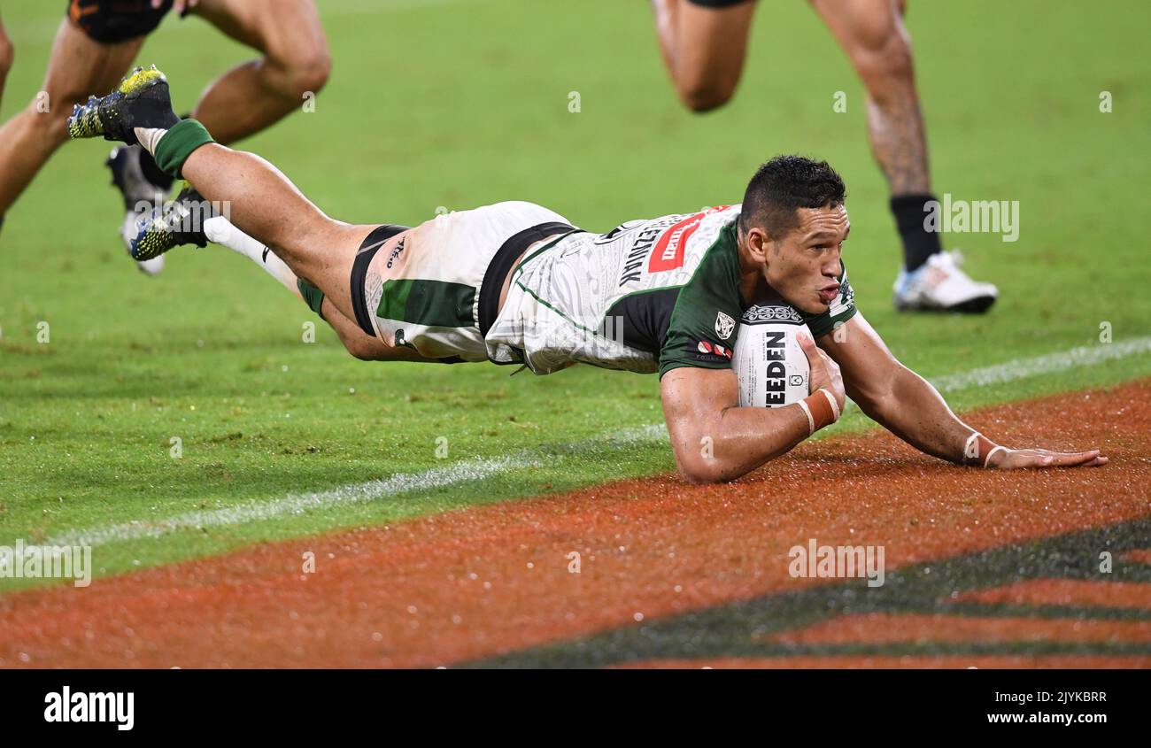 Dallin Watene-Zelezniak of the Maori All Stars scores a try during the ...