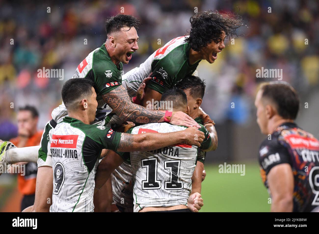 Dallin Watene-Zelezniak of the Maori All Stars celebrates scoring a try ...