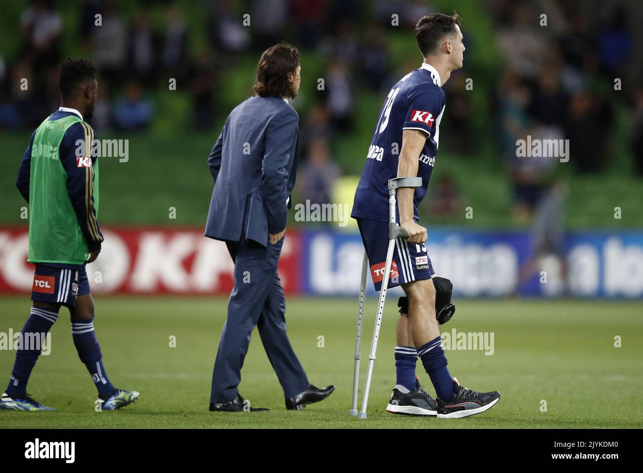 Dylan Ryan of the Victory is seen on crutches after the A-League match ...