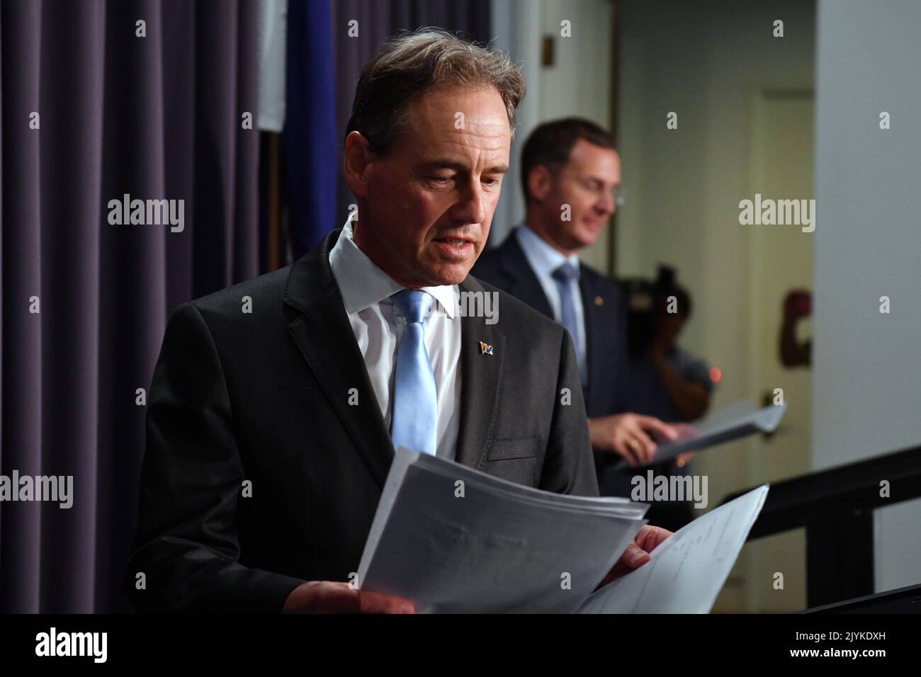 Minister for Health Greg Hunt and Deputy Chief Medical Officer Michael ...