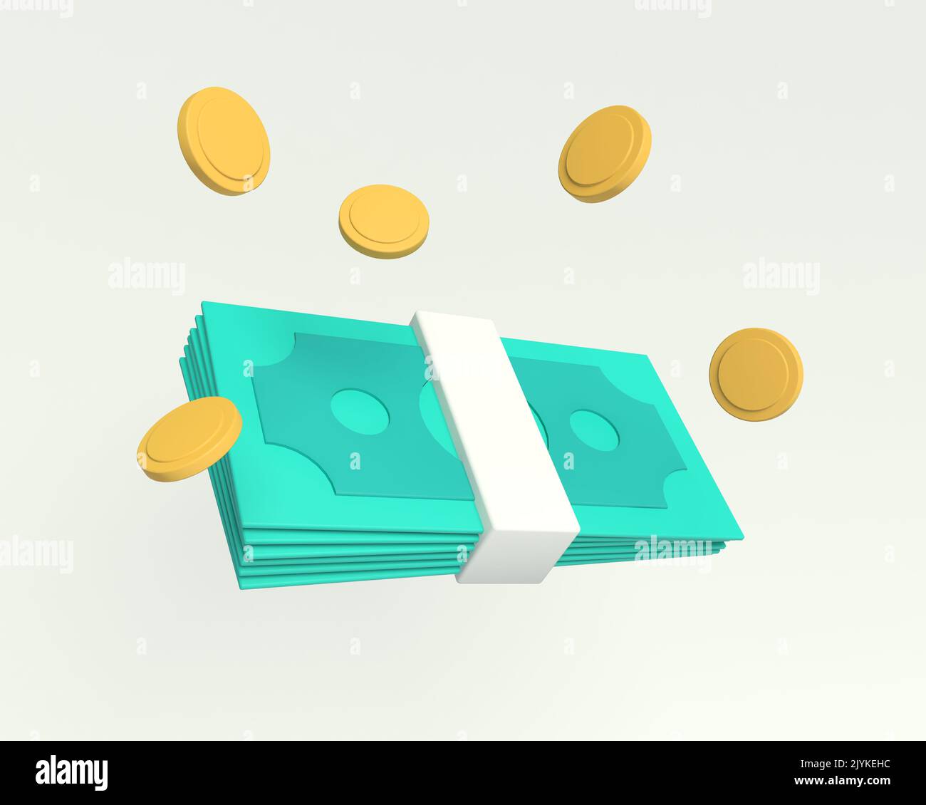 Bundles cash and floating coins around. Dollar icon. 3D render ...