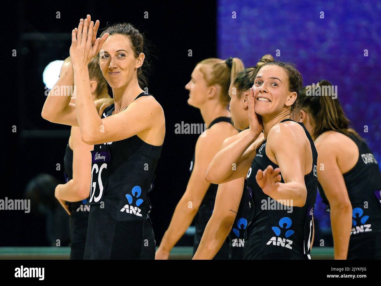 Bailey Mes (left) and Claire Kersten of the Silver Ferns react after ...