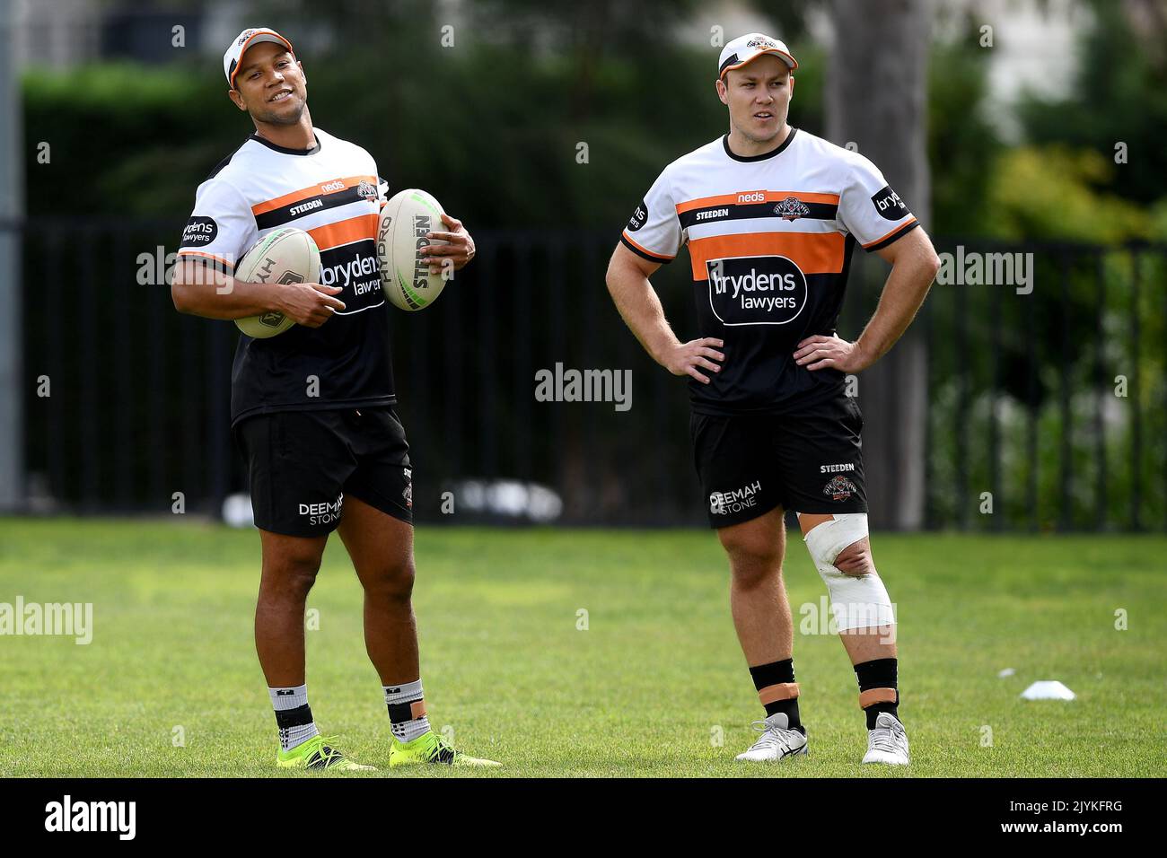 Moses Mbye (left) and Billy Walters during a Wests Tigers NRL training ...