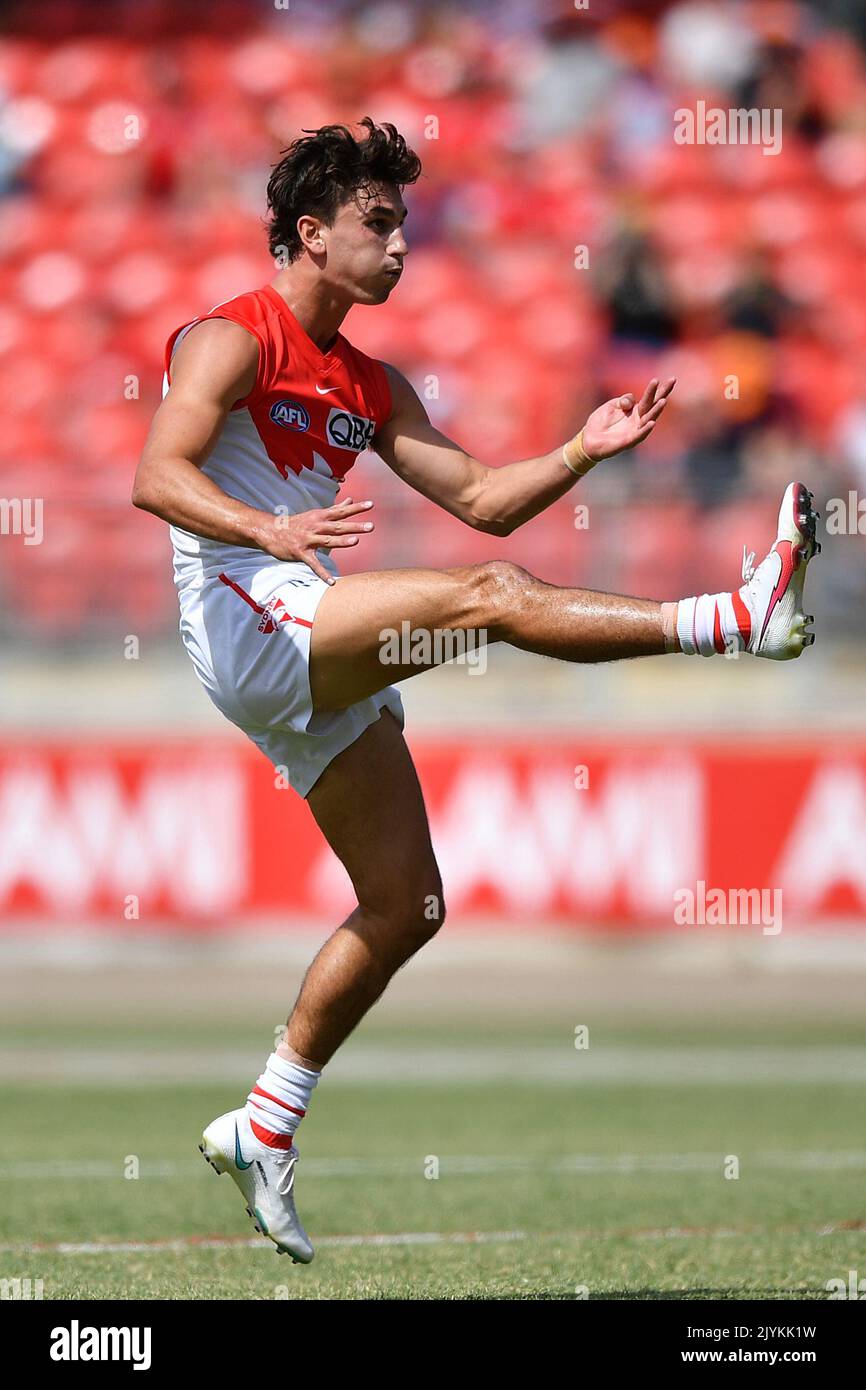 Sam Wicks of the Swans celebrates kicking a goal during the AFL ...