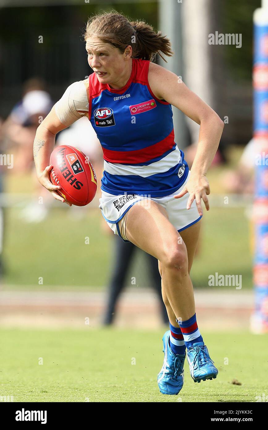 Ashleigh Guest of the bulldogs runs during the Round 6 AFLW match ...