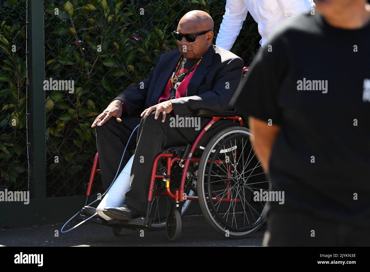 Singer Archie Roach is seen following the funeral of Michael Solomon ...