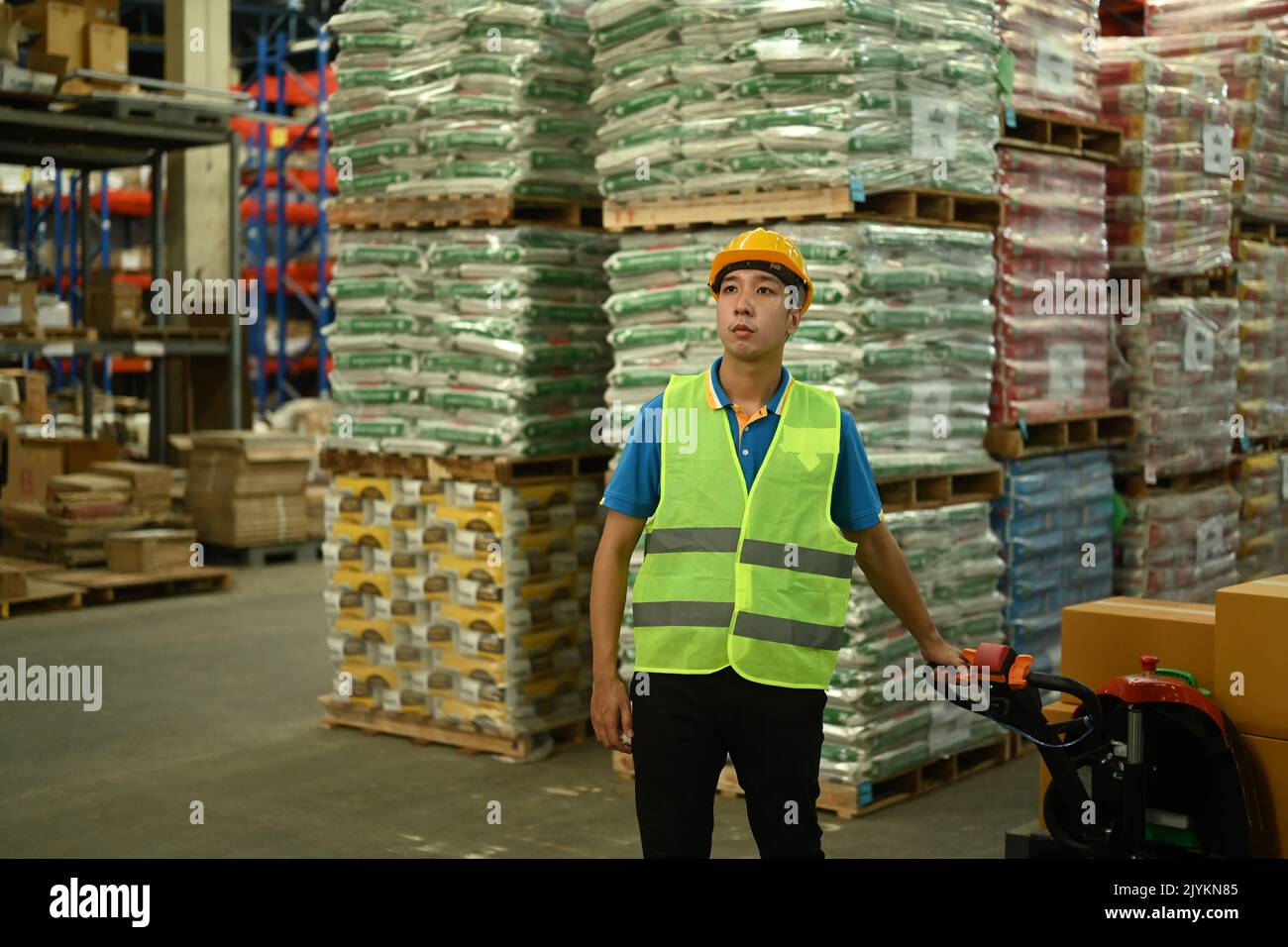 Male warehouse worker in hardhats and reflective jackets pulling a ...
