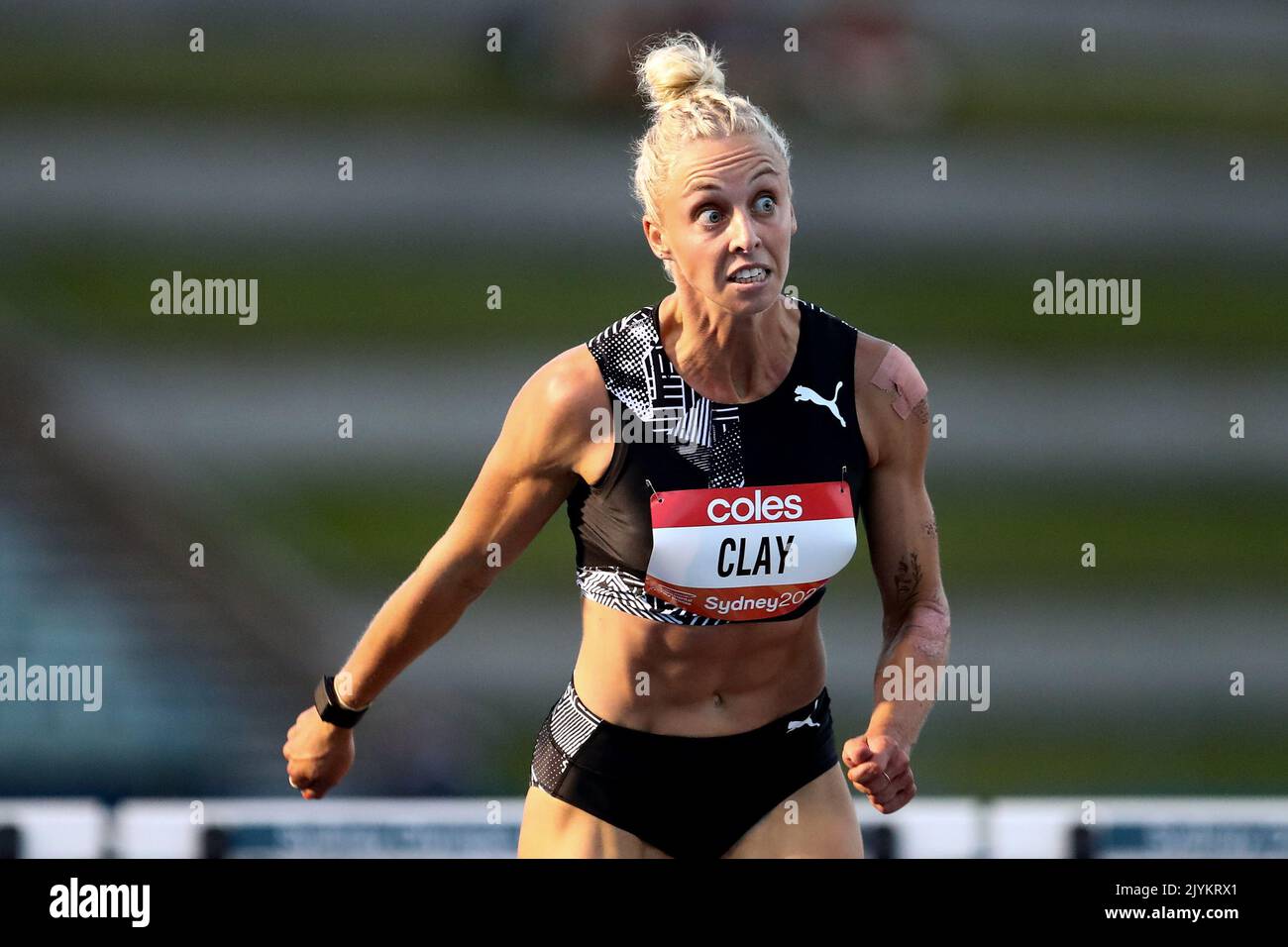 Liz Clay of Qld competes in the Womens 100m Hurdles 84cm Open during ...