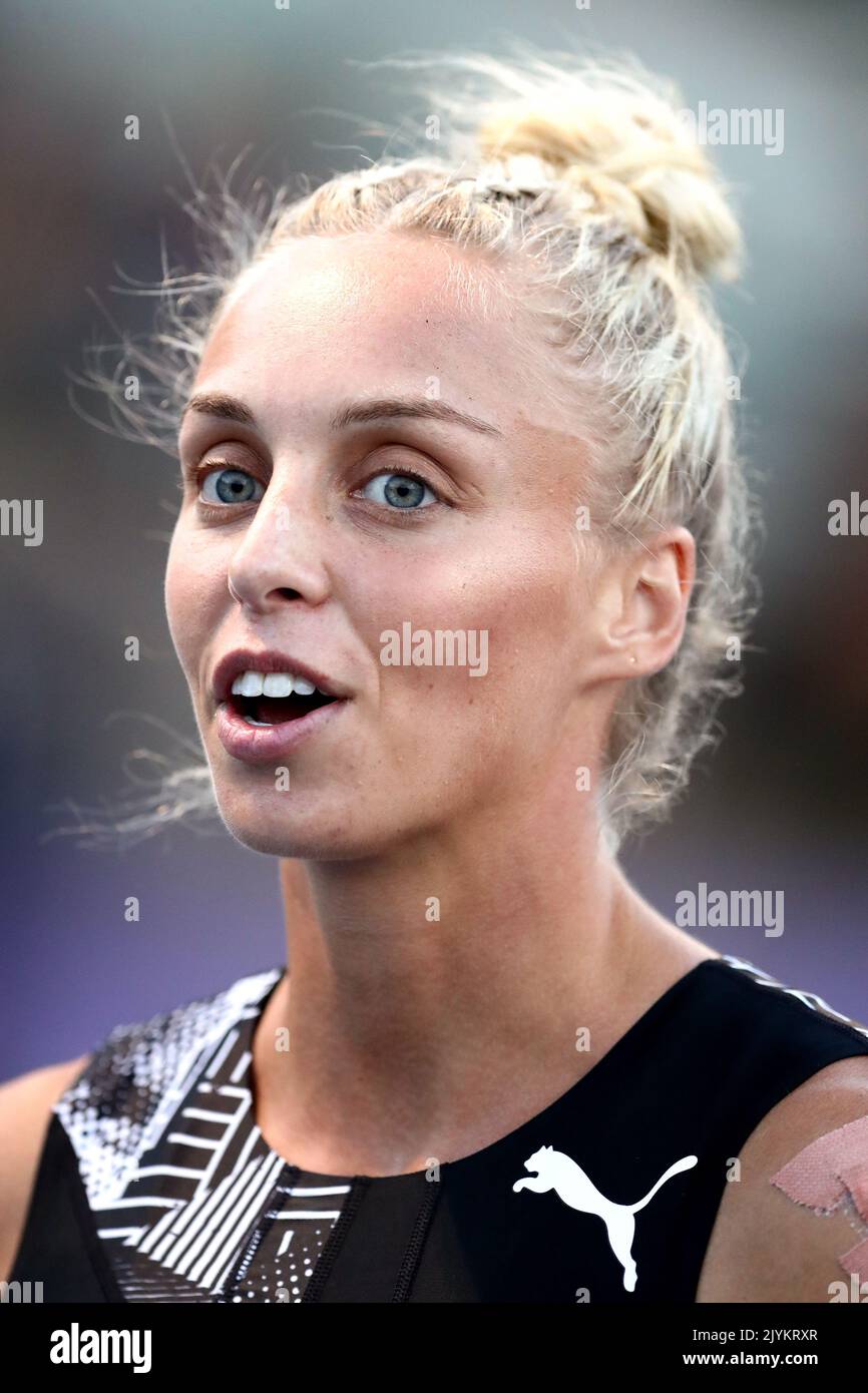 Liz Clay of Qld speaks to the media following the Womens 100m Hurdles ...
