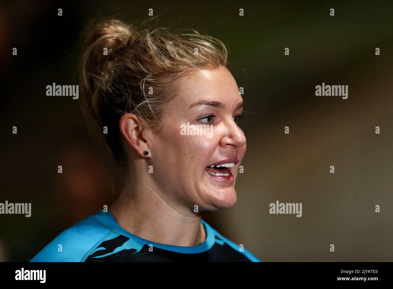 Dani Stevens of NSW speaks to the media the Womens Discus Throw 1kg ...