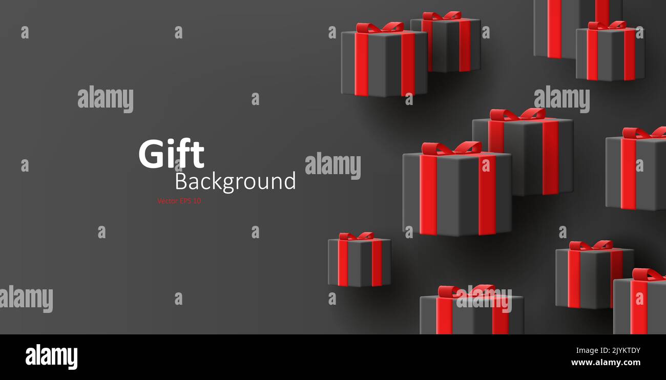 3d falling black gift boxes with red ribbons on black background Stock ...