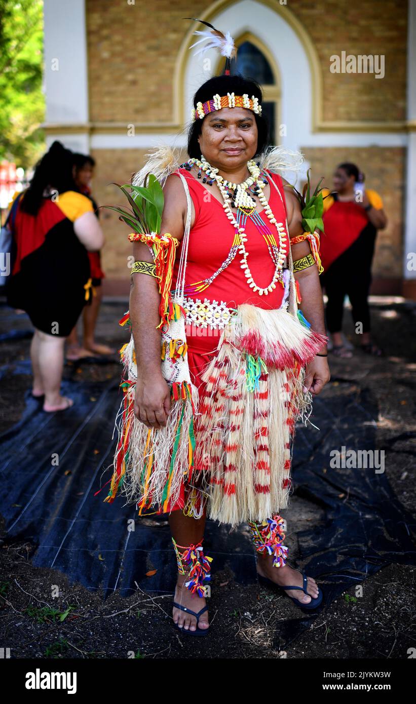 Scholastica Korihio, dressed in traditional Manus Island attire, poses ...