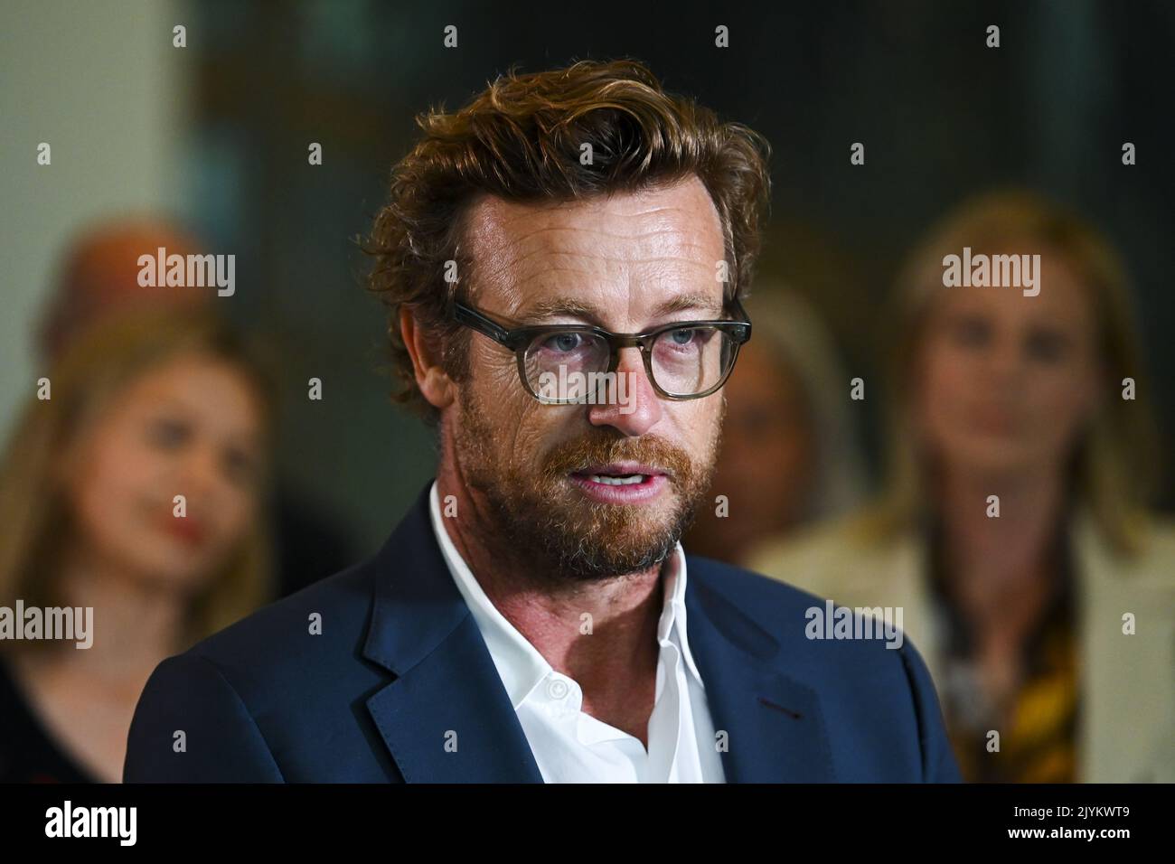 Australian actor Simon Baker speaks to the media during a press ...