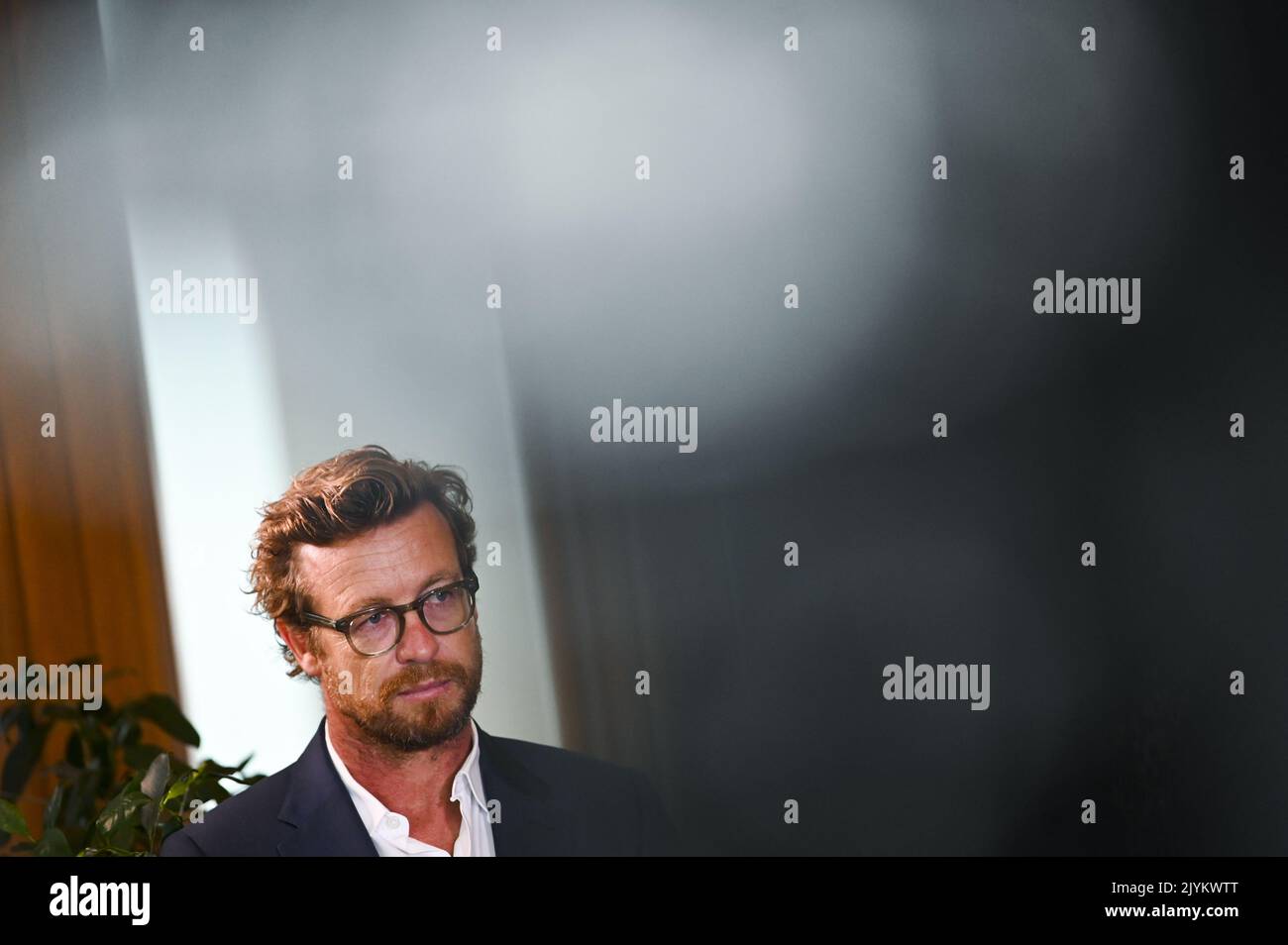 Australian actor Simon Baker speaks to the media during a press ...