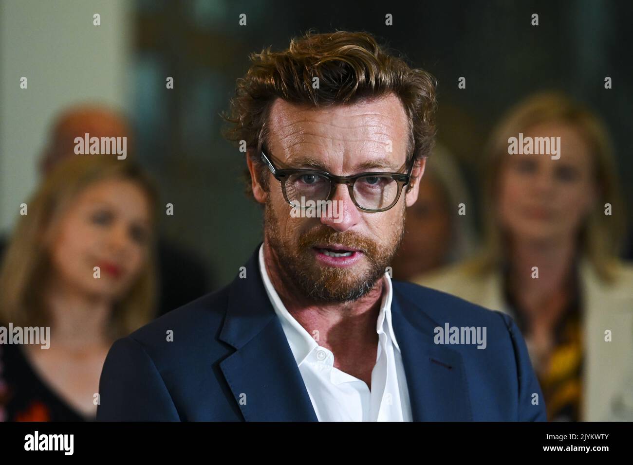 Australian actor Simon Baker speaks to the media during a press ...