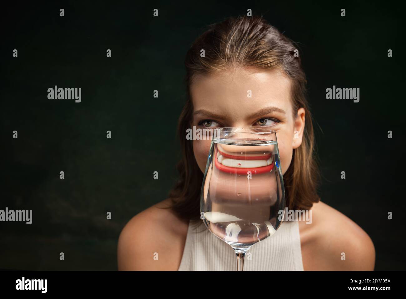 Happiness. Modern art photography. Funny weird girl's face through ...