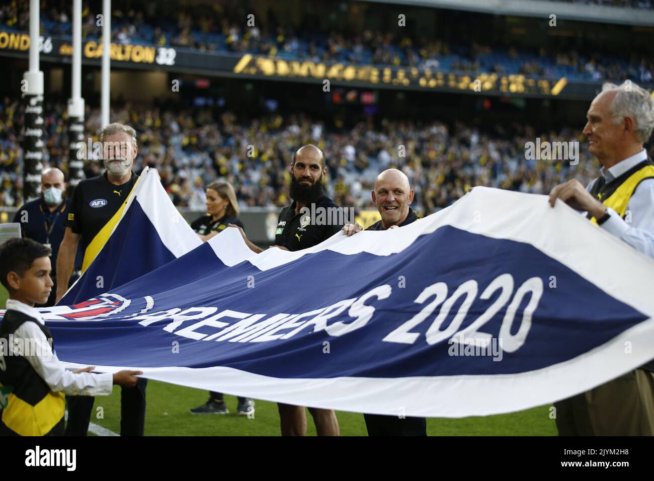 The 2019 and 2020 AFL Premiership Flags are seen ahead of the Round 1 ...
