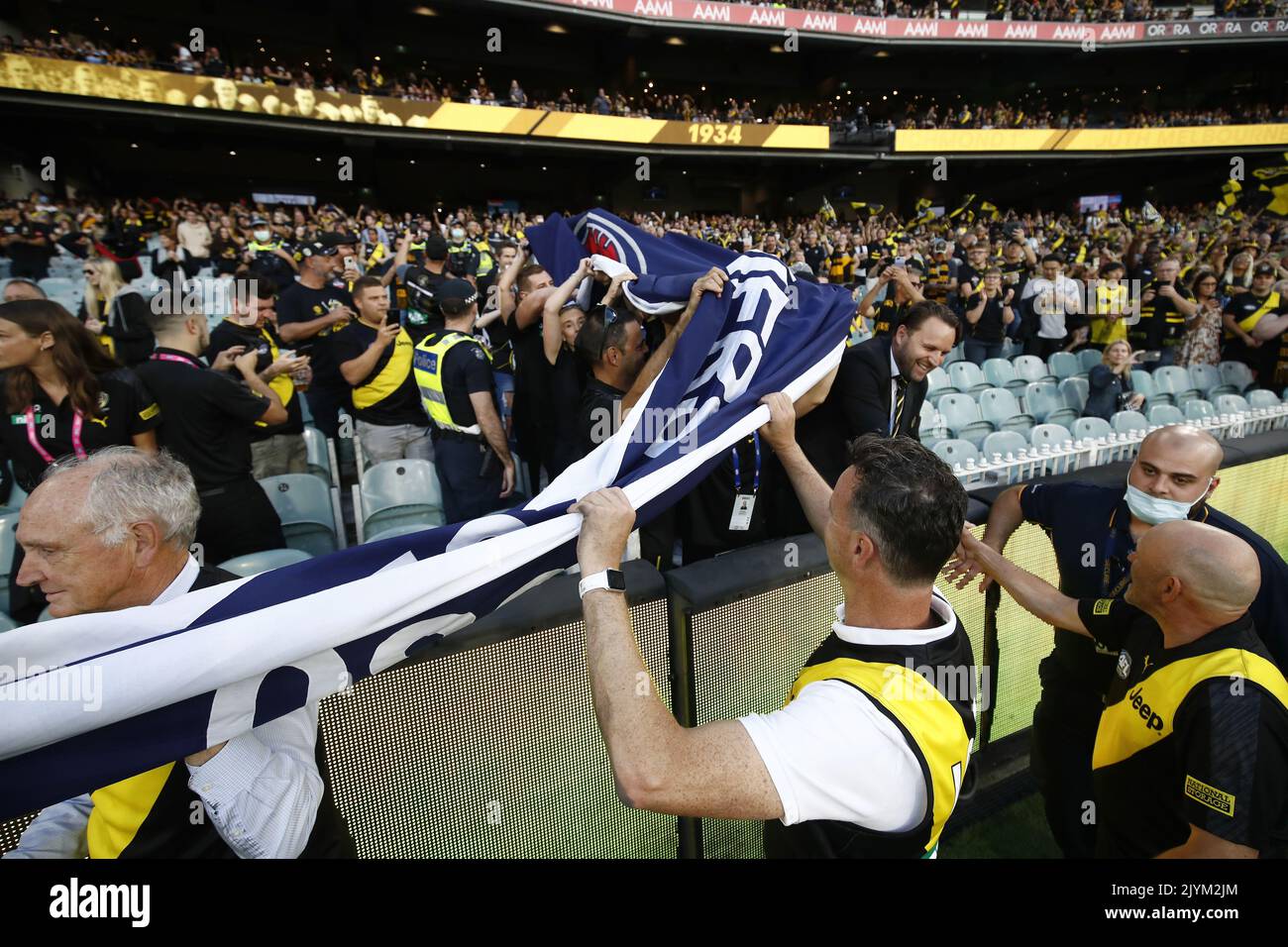 The 2019 and 2020 AFL Premiership Flags are seen ahead of the Round 1 ...