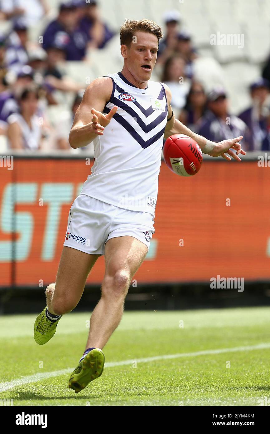 Matt Taberner of the Dockers kicks the ball during the Round 1 AFL ...