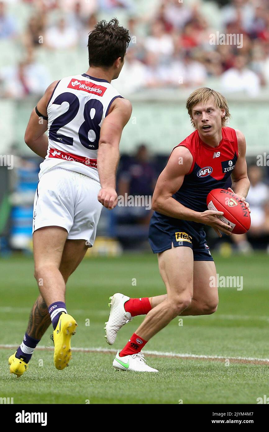 Charlie Spargo of the Demons runs with the ball during the Round 1 AFL ...