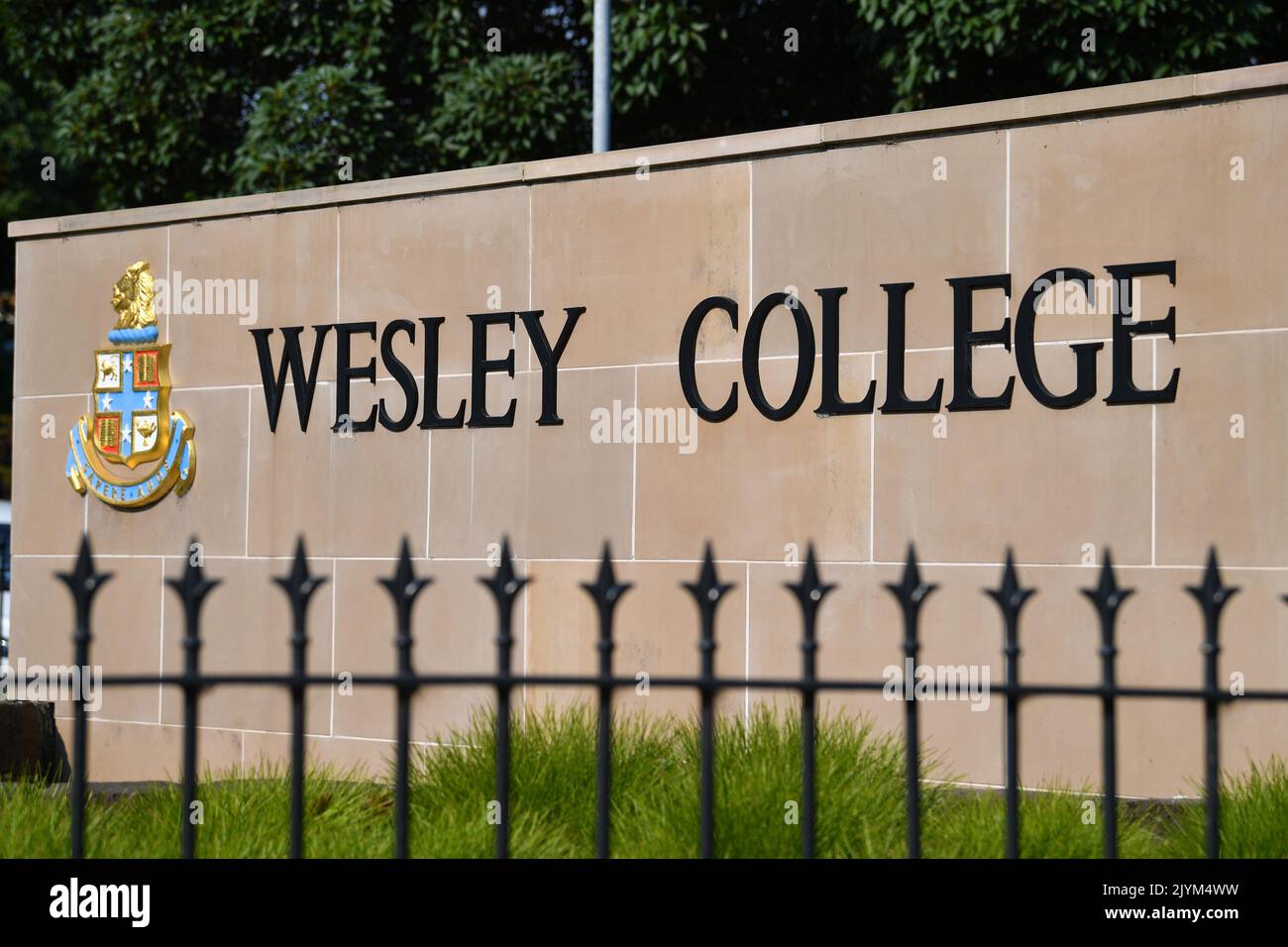 General view of the signage on the exterior of Wesley College in ...
