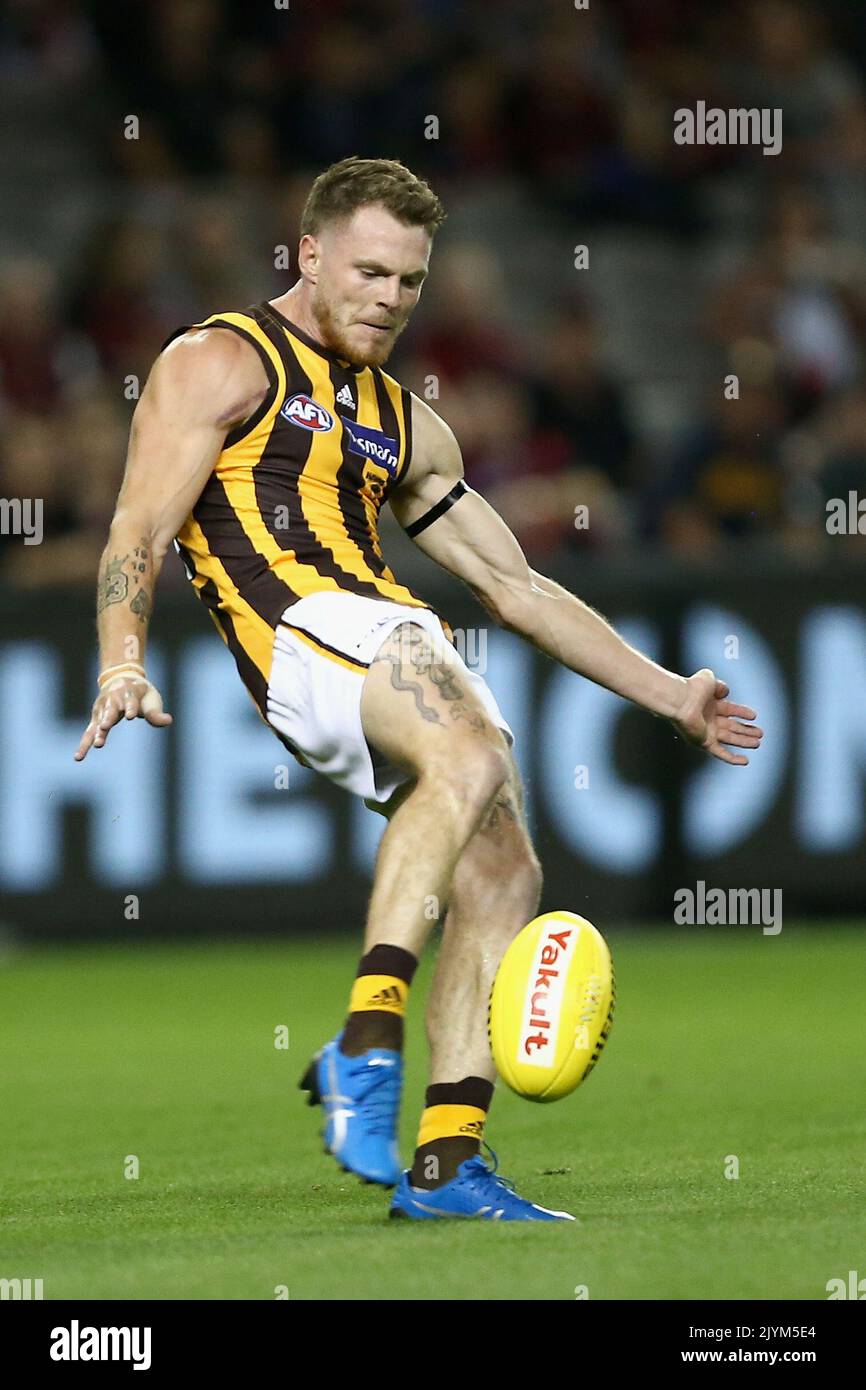 Blake Hardwick of the Hawks kicks the ball during the Round 1 AFL match ...