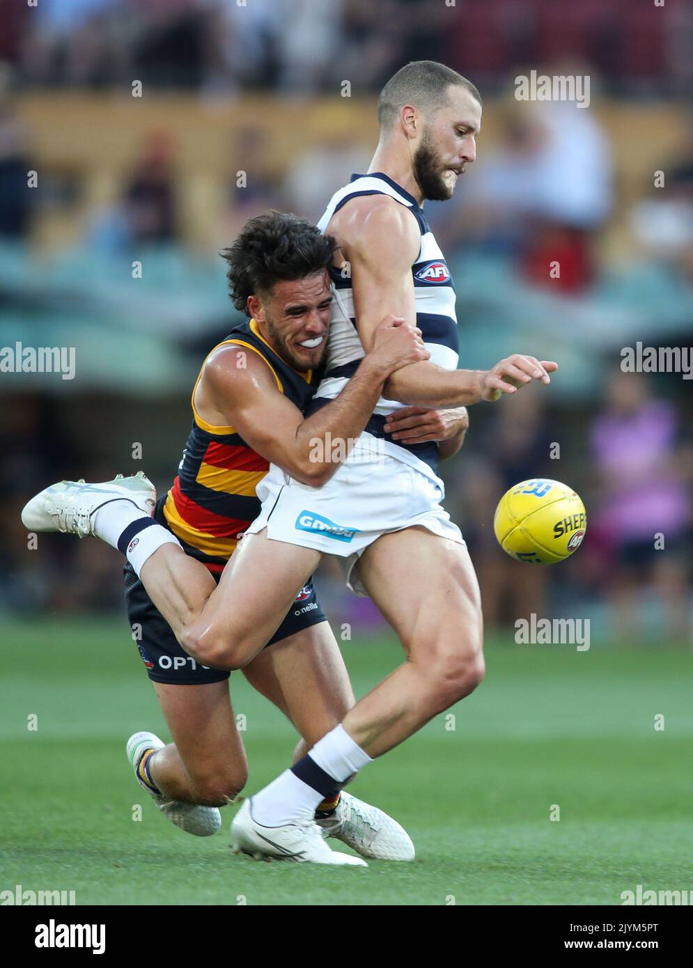 Sam Menegola of the Cats gets chased down and tackled by Lachlan Murphy ...