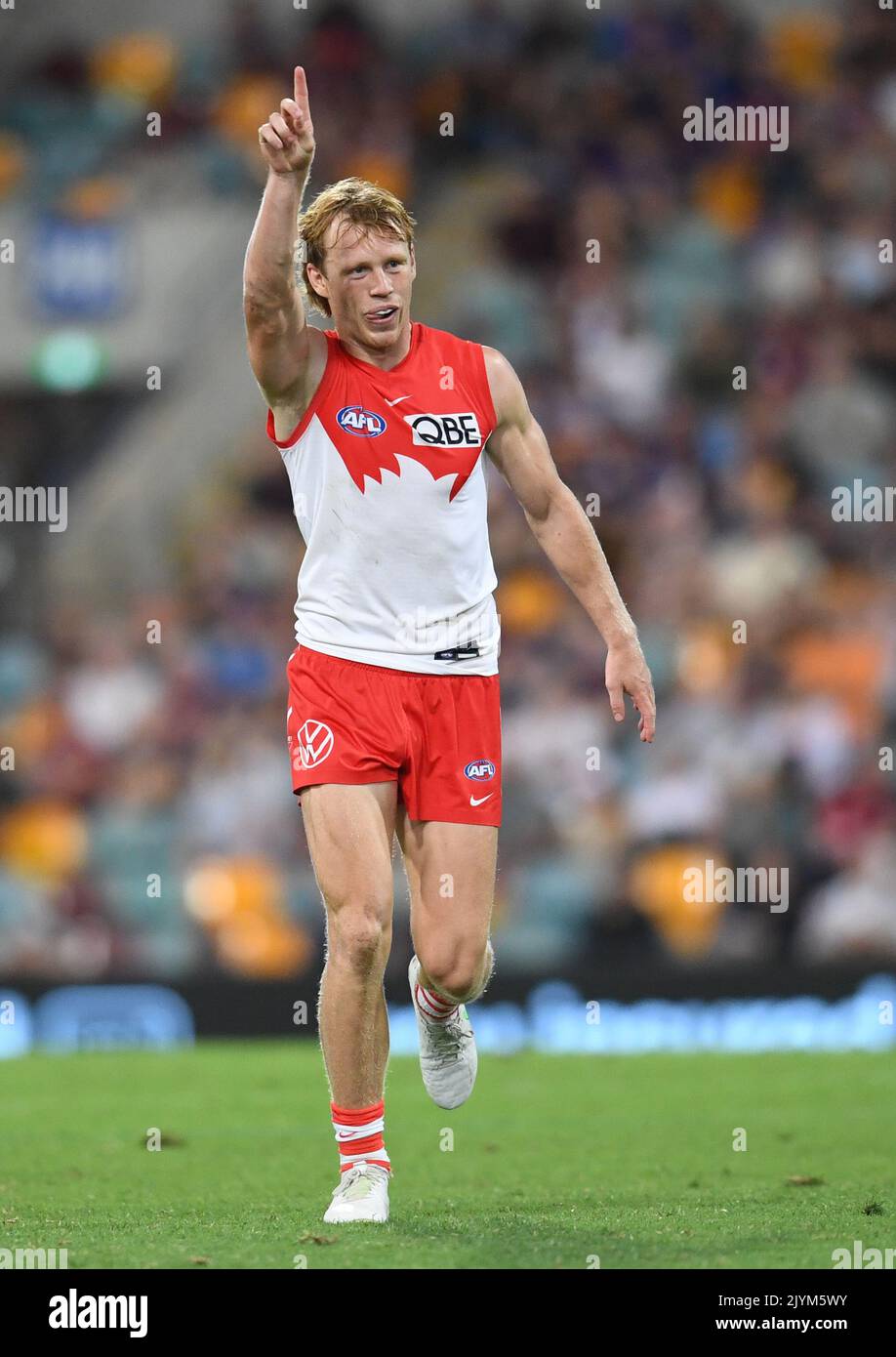 Callum Mills (left) of the Swans celebrates kicking a goalwith Chad ...