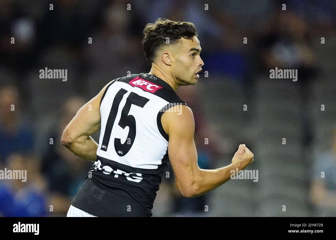 Karl Amon of the Power celebrates after kicking a goal during the Round ...