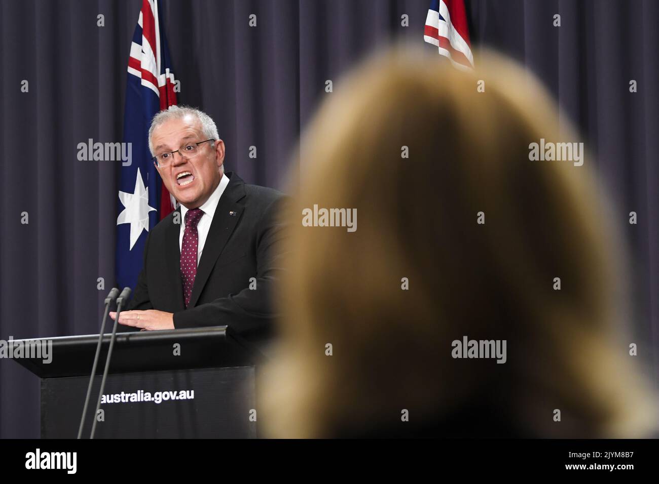 Australian Prime Minister Scott Morrison reacts during a press ...