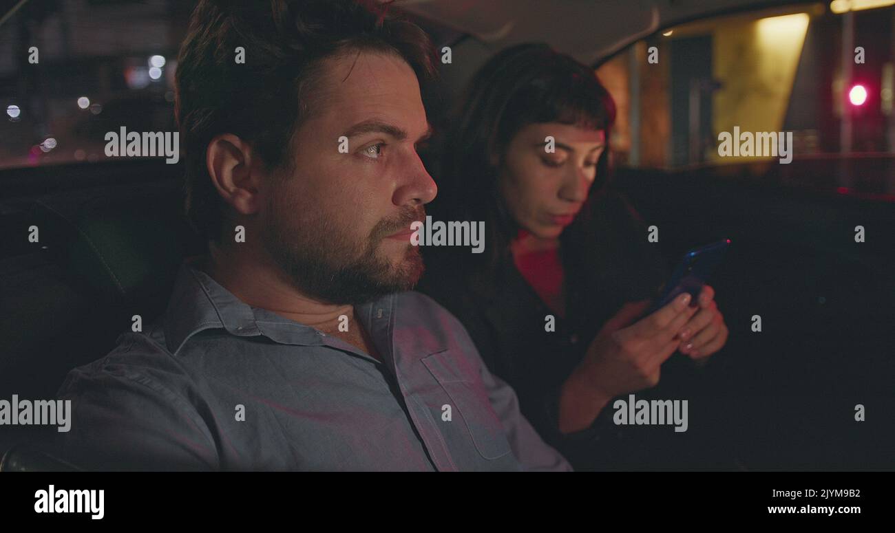 Anxious man in car backseat late for meeting stuck in traffic. Worried ...