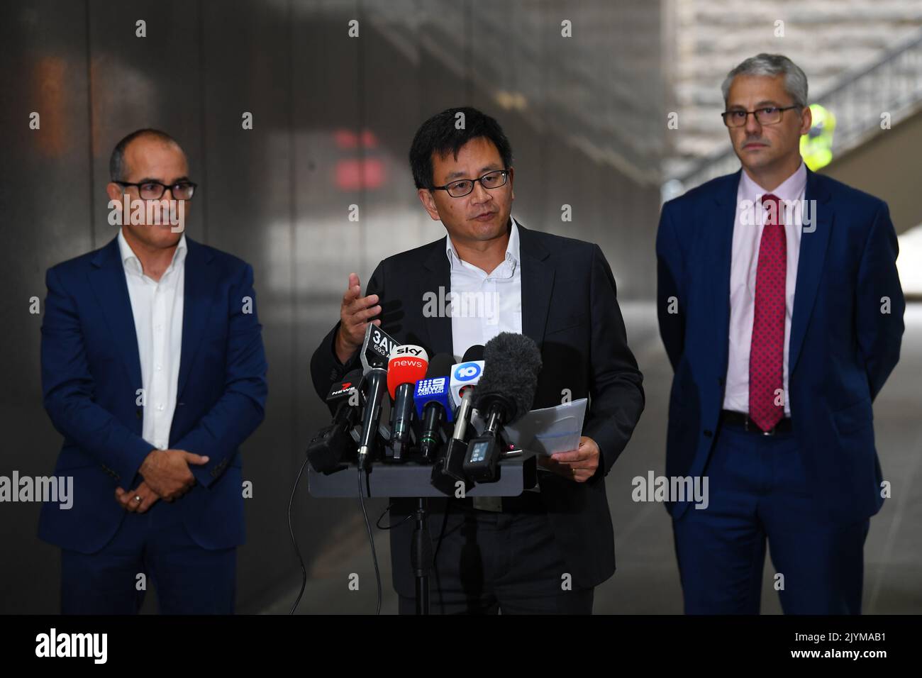 (L-R) Acting Victorian Premier James Merlino, Deputy Chief Health ...