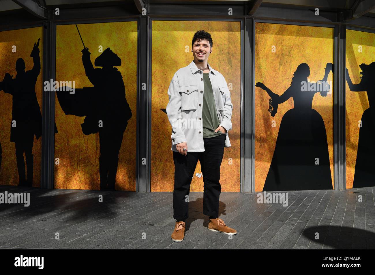 Jason Arrow, who plays the role of Alexander Hamilton poses for a photo ...