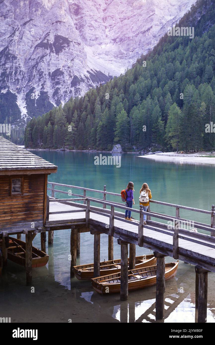 view of well-known tyrolean lake lago di Braies, Dolomites. Italy Stock ...
