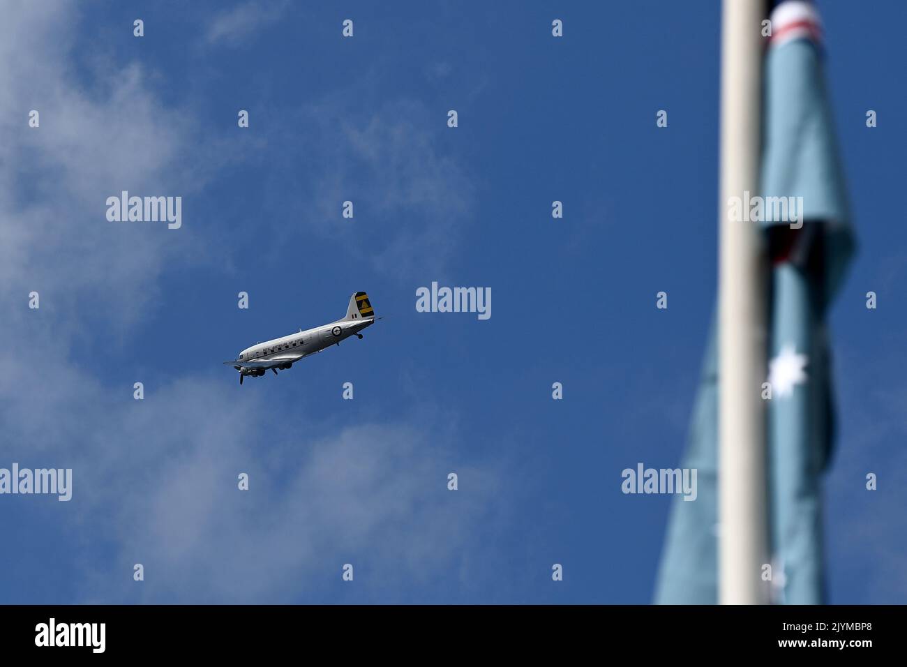 A Royal Australian Air Force aircraft is seen flying over the ANZAC War ...